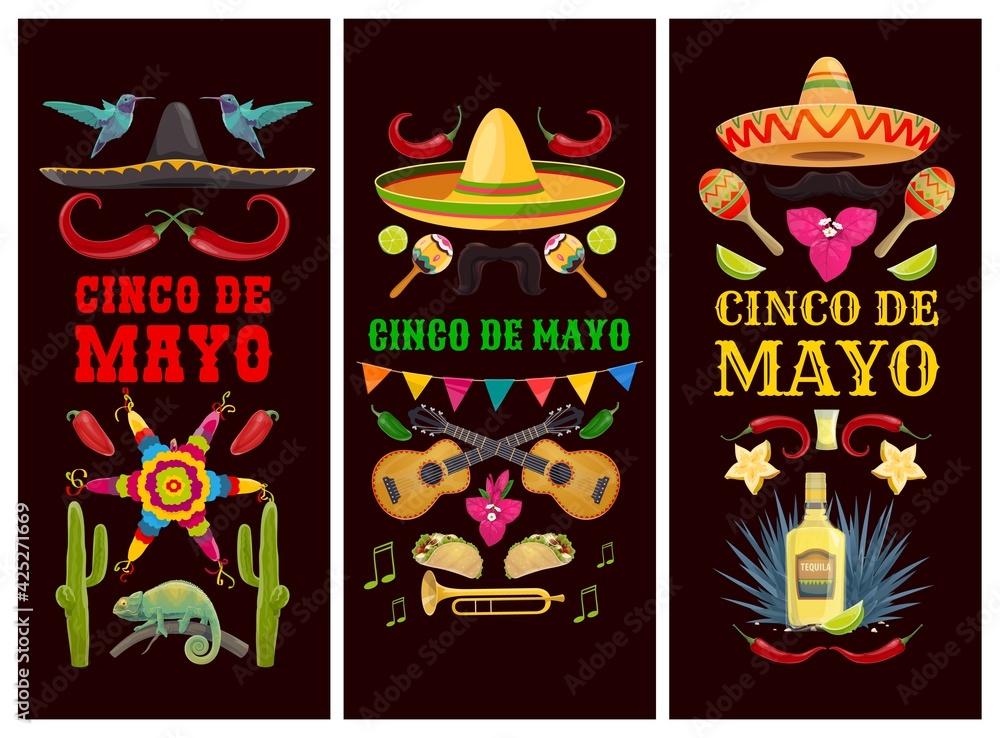 Cinco de Mayo Mexican holiday banners of vector fiesta party sombrero ...