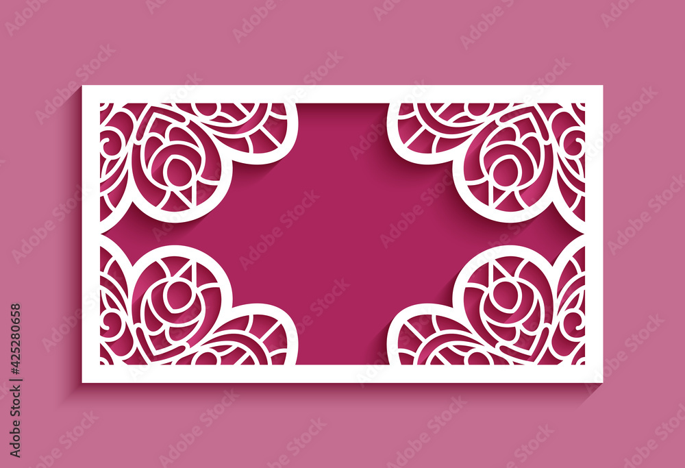 Rectangle frame with corner lace ornaments, stencil template for laser ...