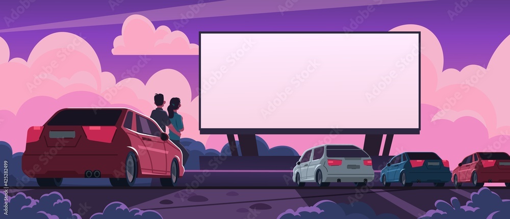 Drive-in romantic cinema. Cartoon couple watching movie in outdoor open ...