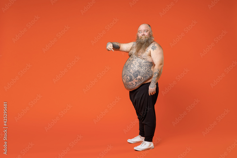 Full length side profile view fat caucasian pudge obese chubby ...