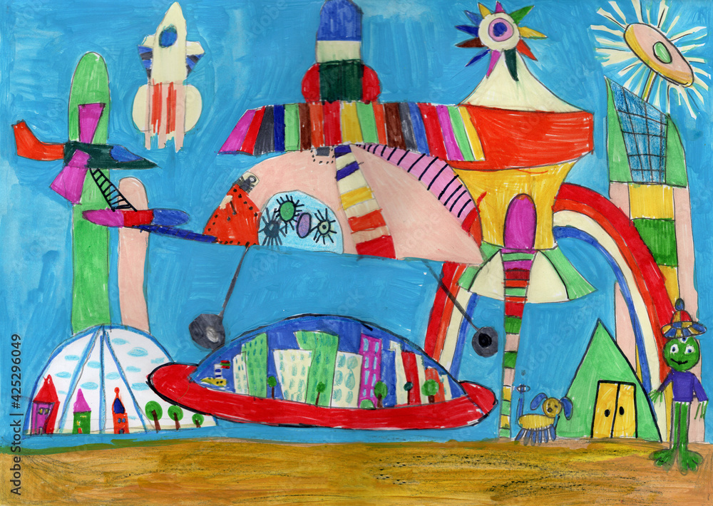 WatercoloWatercolor children drawing space planet rocketr children ...