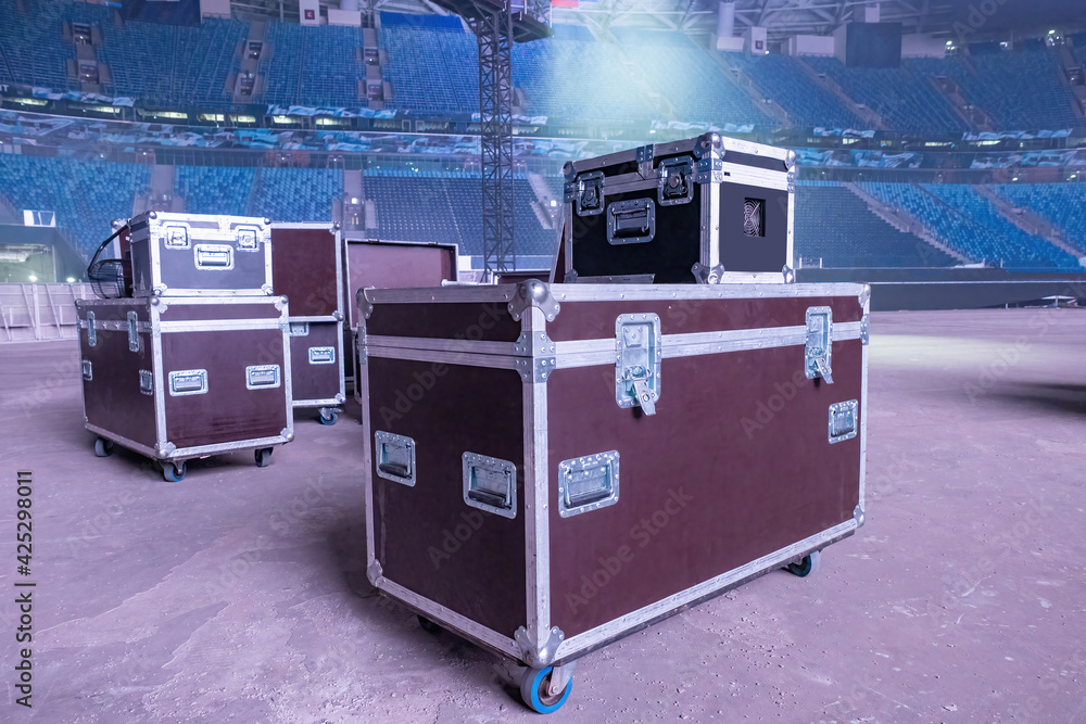 Wardrobe trunks for storing concert equipment. Closed boxes with ...
