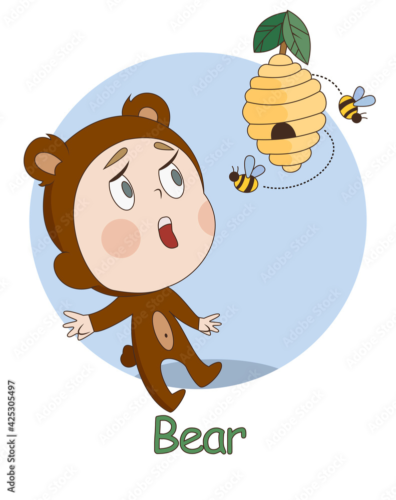 child dressed as a bear and beehives with bees. Illustration as part of ...