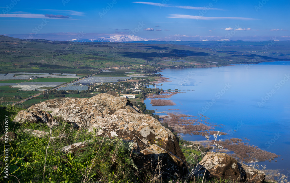 Beautiful view of the Sea of Galilee from the cliff of Mount Arbel ...