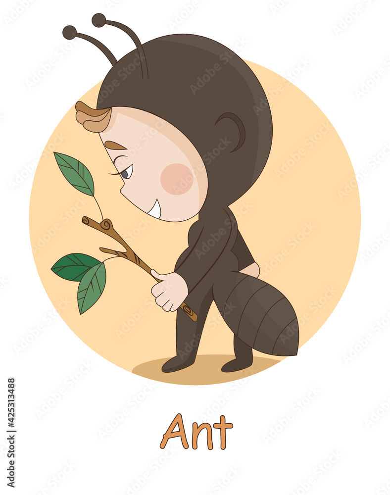 child dressed as an ant. illustration as part of the alphabet with the ...