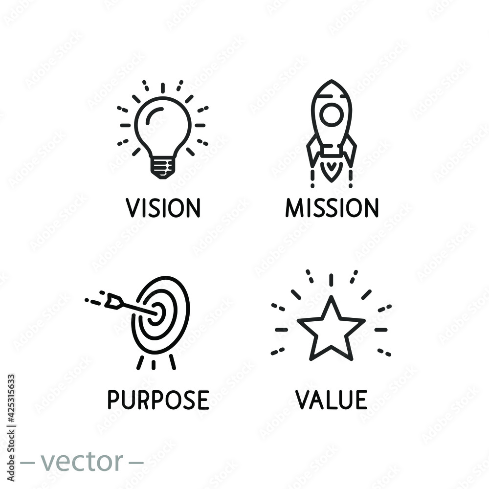 mission vision icon, value company purpose, strategic target, thin line ...