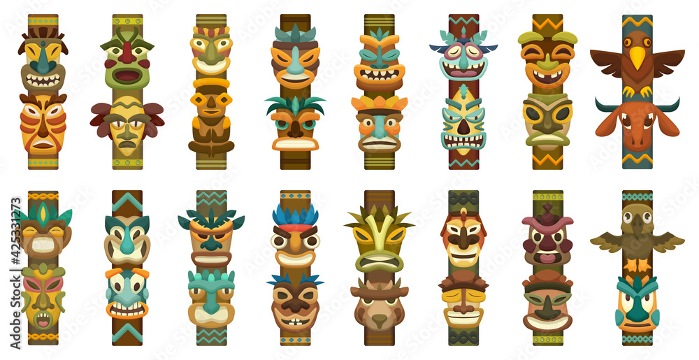 Totem vector cartoon set icon. Vector illustration set tribal mask ...