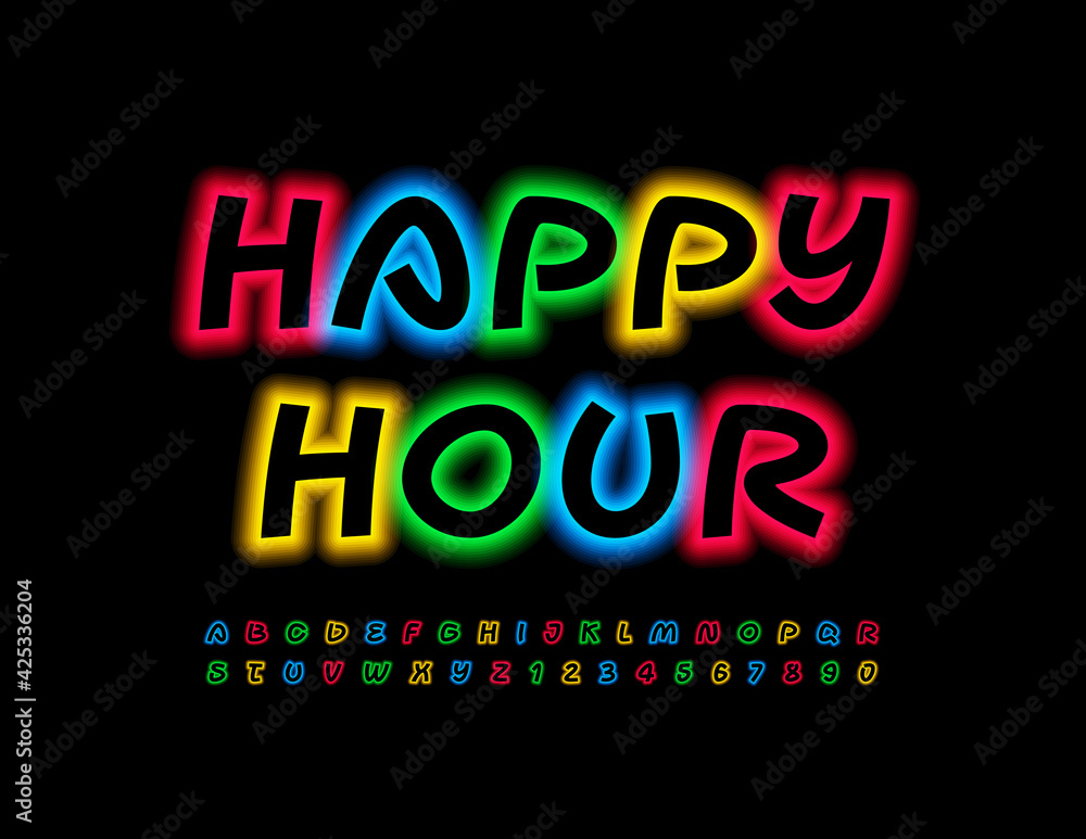 Vector bright billboard Happy Hour. Colorful Neon Font. Glowing ...
