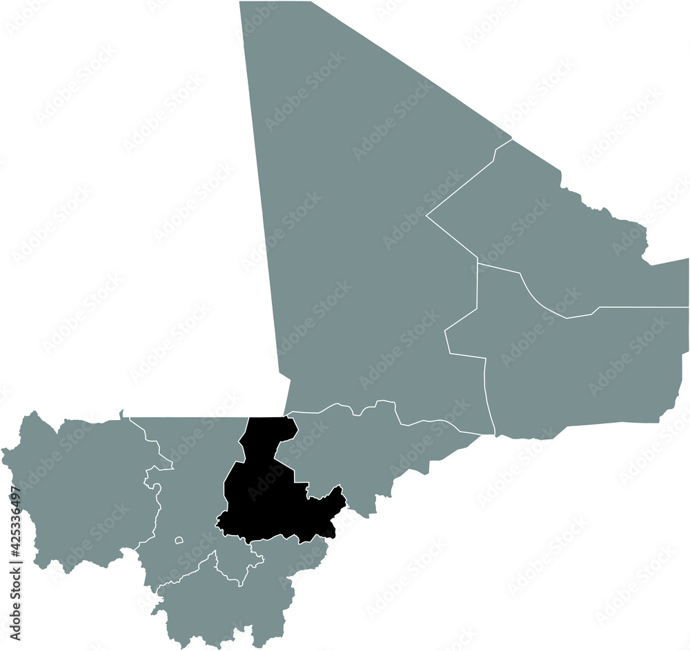 Black highlighted location map of the Malian Ségou region inside gray ...