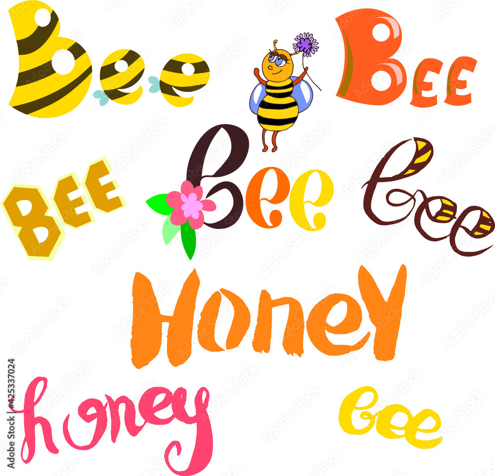 Vector set of lettering honey,bee in different styles,honey golden ...