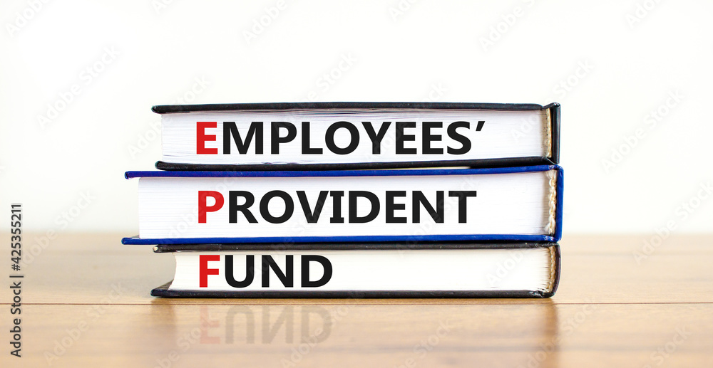 EPF, employees provident fund symbol. Books with words 'EPF, employees ...
