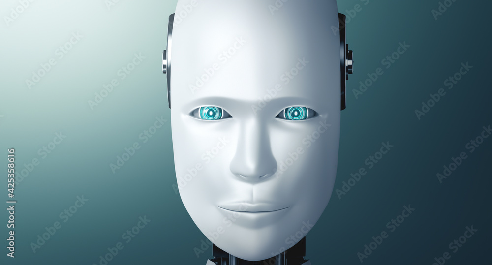 Robot humanoid face and eyes close up view 3D rendering. AI thinking ...