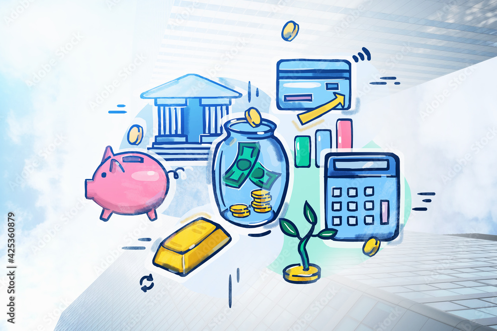 Cartoon sketch with illustration of different money variations Stock ...