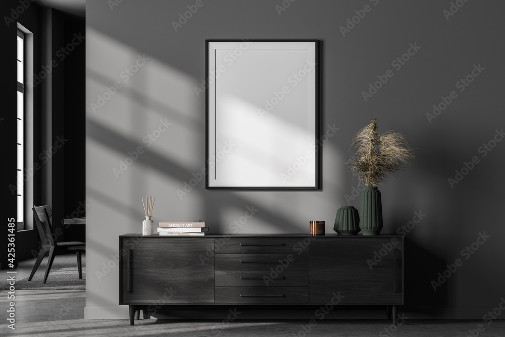 Cozy living room interior with large window and white poster Stock ...