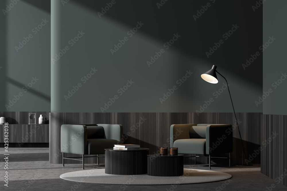 Dark waiting room interior with green wall and two armchairs Stock ...