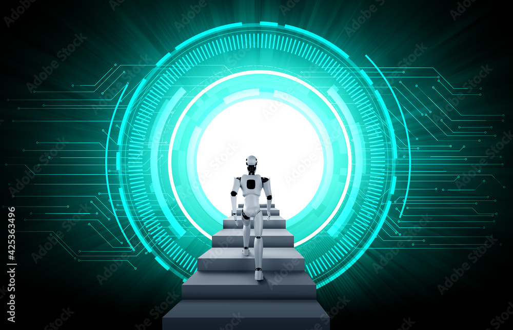3D rendering robot humanoid walk up stair to success and goals ...