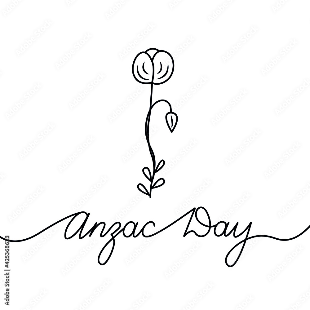 Anzac Day handwritten text and red poppy isolated on white background ...
