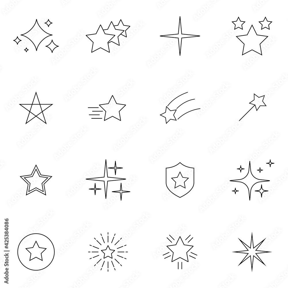 Stars flat line icons set. Starry night, falling star, firework ...