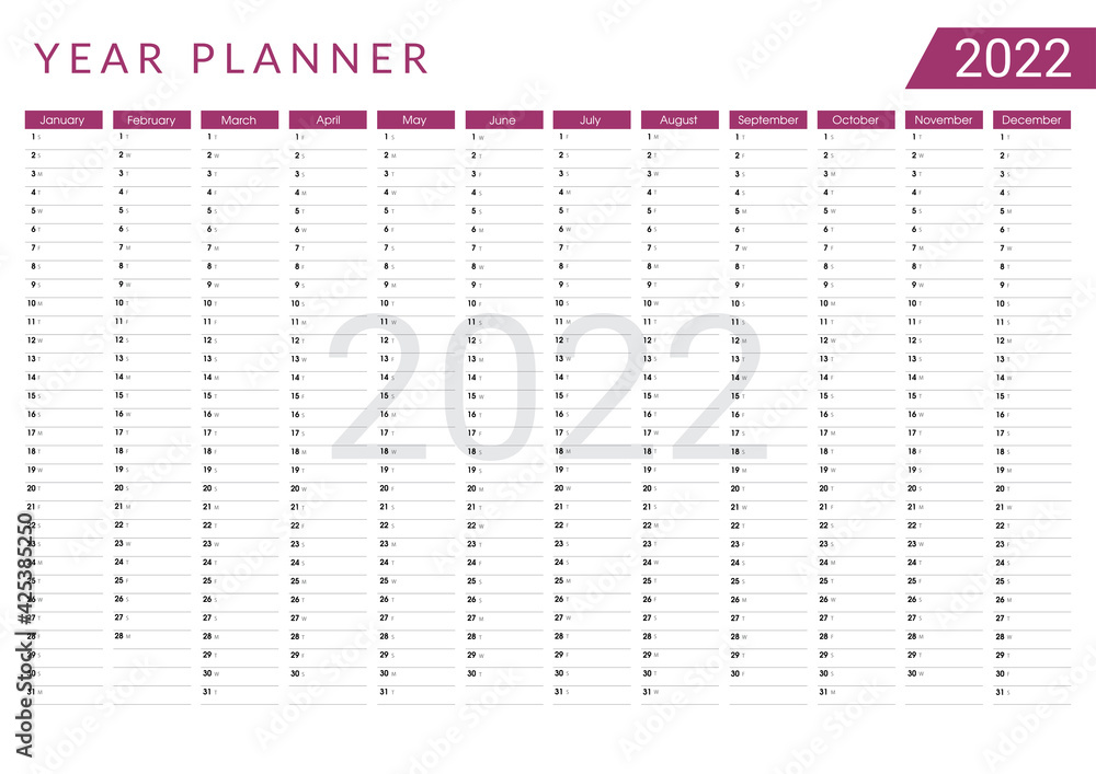2022 Year planner. Orchind flower trendy color. Wall calendar design ...