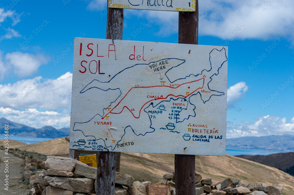 Map of Isla Del Sol. Island of the Sun at Titicaca lake . Bolivia Stock ...