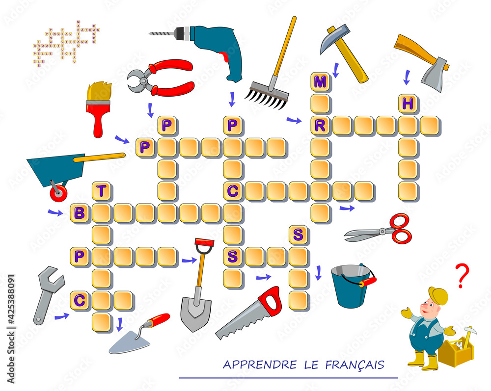 LEARN FRENCH. Crossword puzzle game with pictures. Working tools ...
