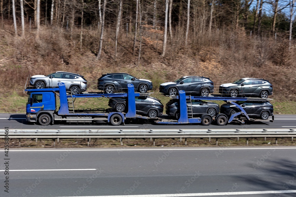 WIEHL, GERMANY - MARCH 24, 2021: Rimo car-carrying Scania truck loaded ...