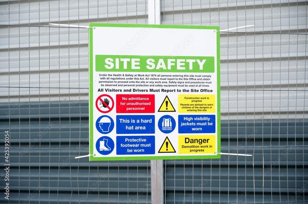 Construction site health and safety message rules sign board signage on ...