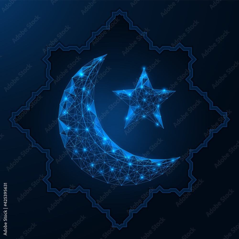 A crescent moon and a star. Holy Muslim symbol. A low-poly construction ...