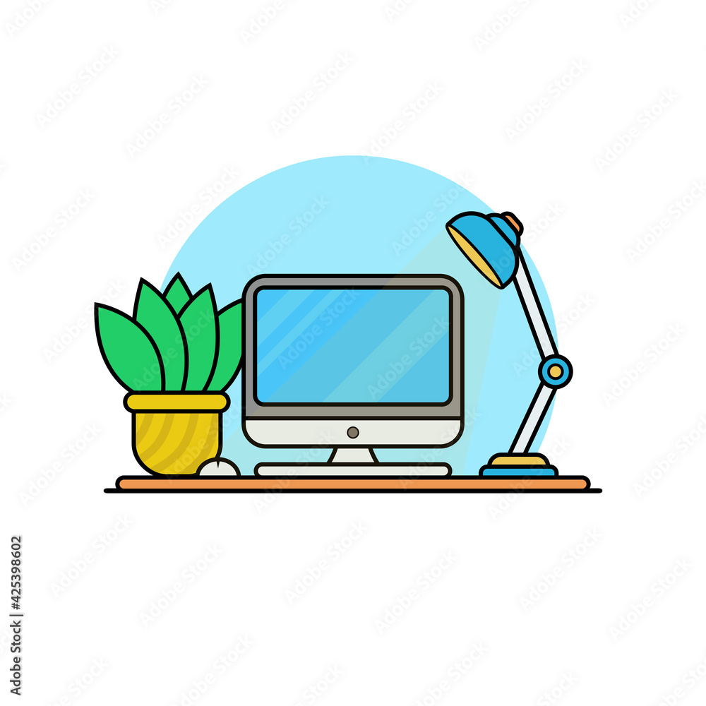 Blank computer screen. Plant and lamp illustration. Office workspace ...