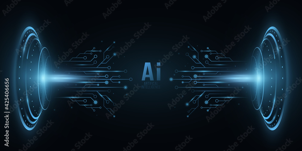 Artificial intelligence background. Blue HUD elements. Computer circuit ...