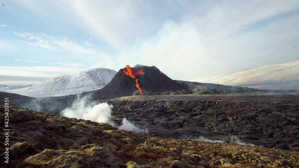 GELDINGADALUR, ICELAND. Erupting Fagradalsfjall volcano at night, 52 km ...