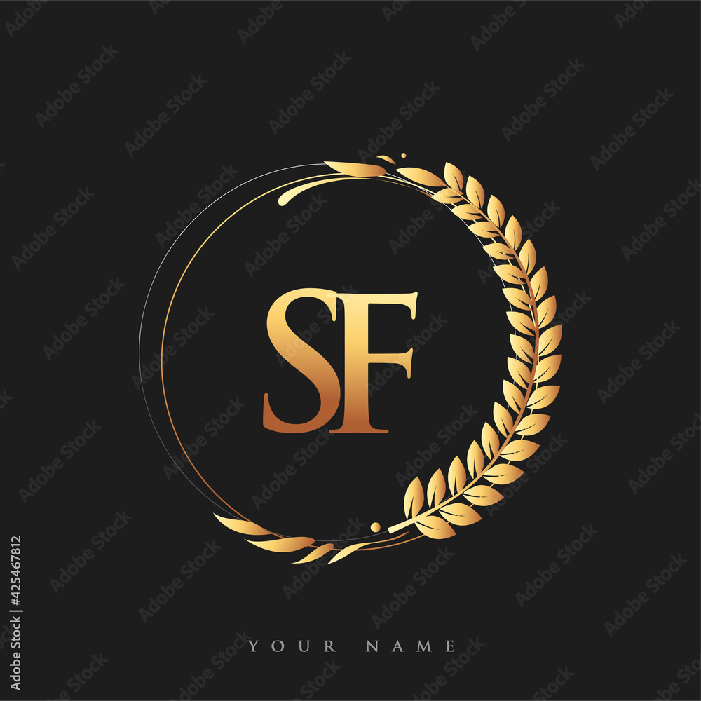 Initial logo letter SF with golden color with laurel and wreath, vector ...