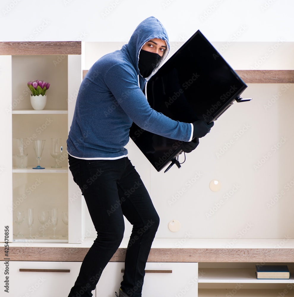 Man burglar stealing tv set from house Stock-Foto | Adobe Stock