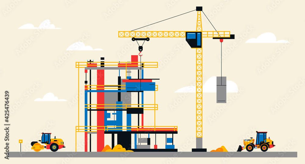 Construction site illustration. Building under construction. Heavy ...