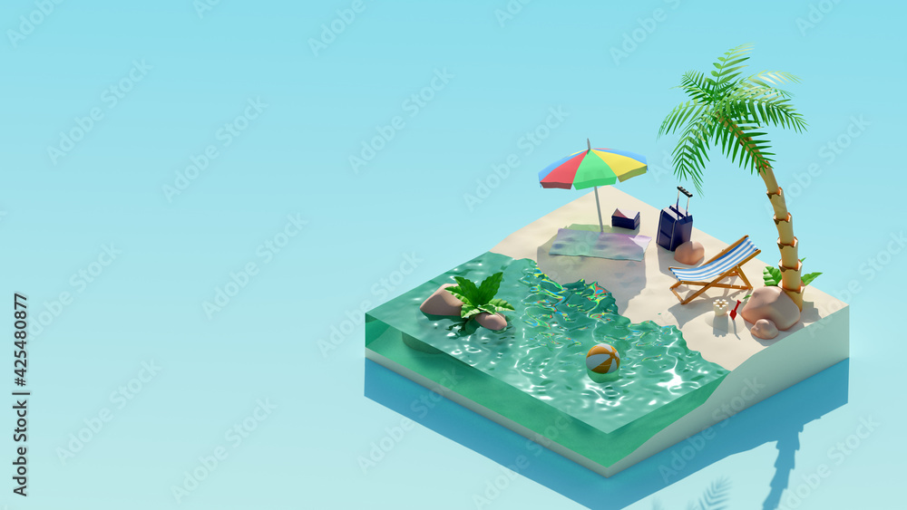 Beach scene 3d render elements on the blue background. 3d isometric ...