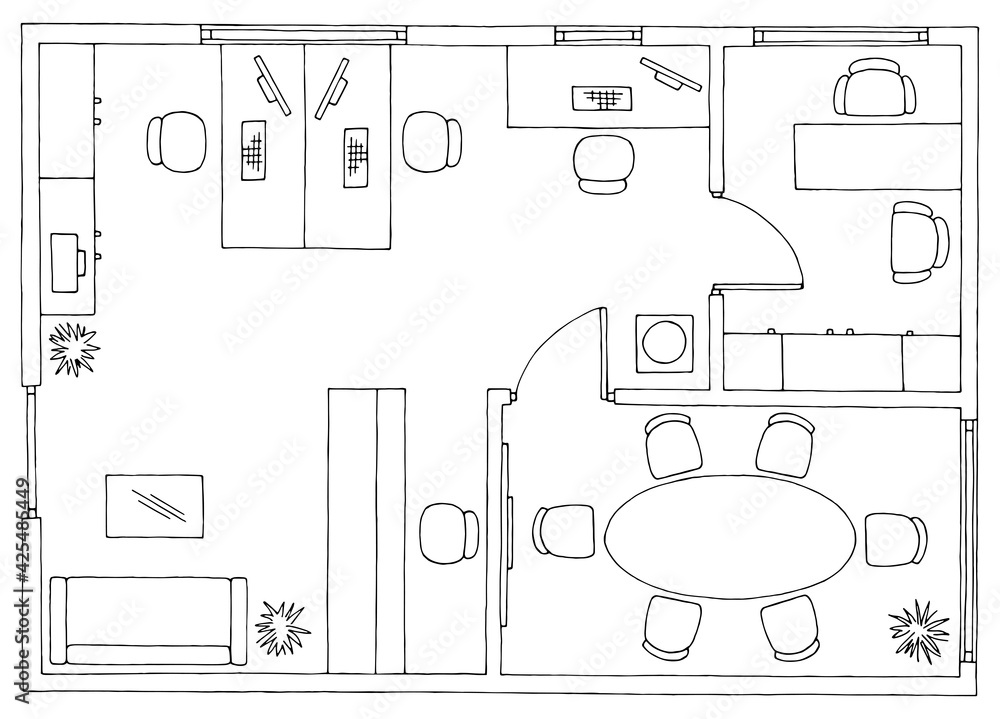 Office plan architecture floor interior furniture graphic black white ...