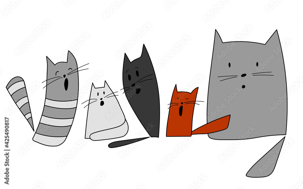 Simple vector drawing of five funny screaming cats isolated on white ...