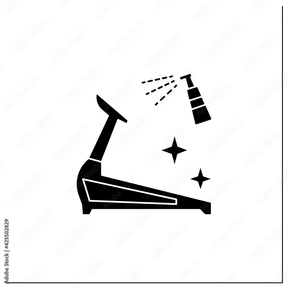 Gym disinfection glyph icon. Simulators and sport equipment sanitizing ...