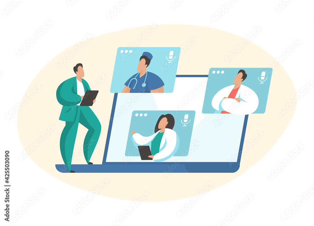 Medical video conference. Male and female cartoon characters medical ...