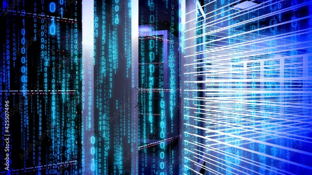 Rack servers and falling binary code - data centre, hosting, storage ...