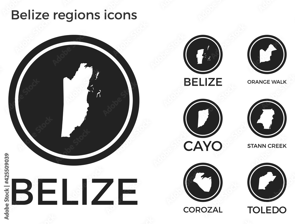 Belize regions icons. Black round logos with country regions maps and ...