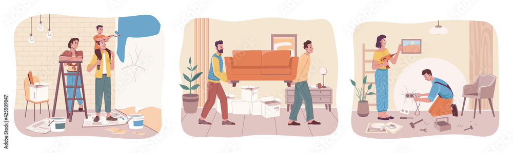 Home repair services, professional workers flat cartoon people. Vector ...