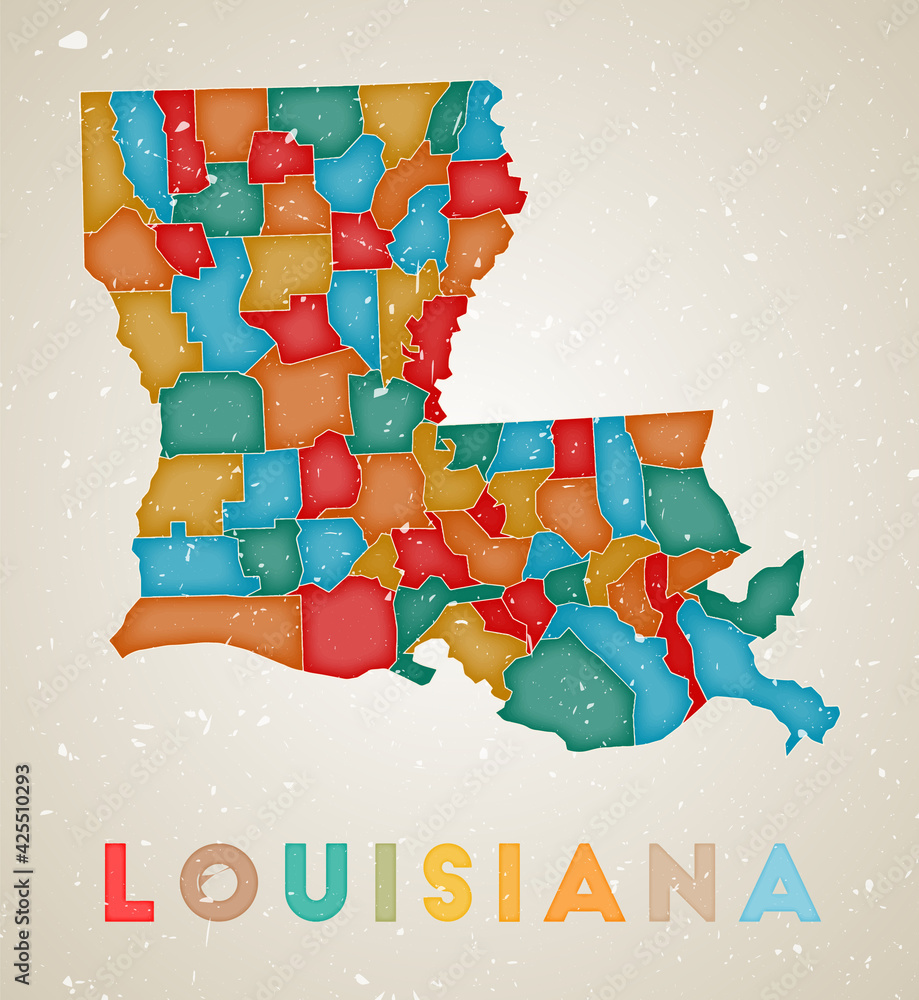 Louisiana map. Us state poster with colored regions. Old grunge texture ...