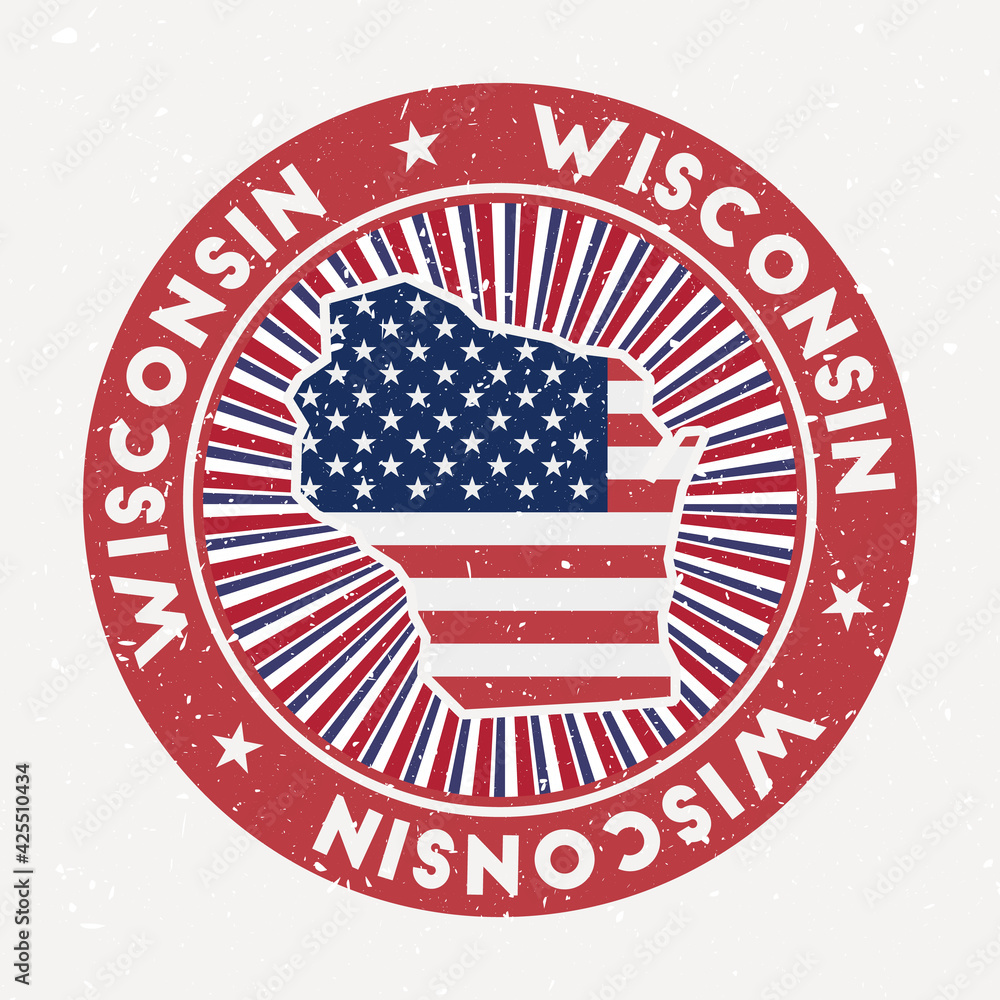 Wisconsin round stamp. Logo of us state with flag. Vintage badge with ...