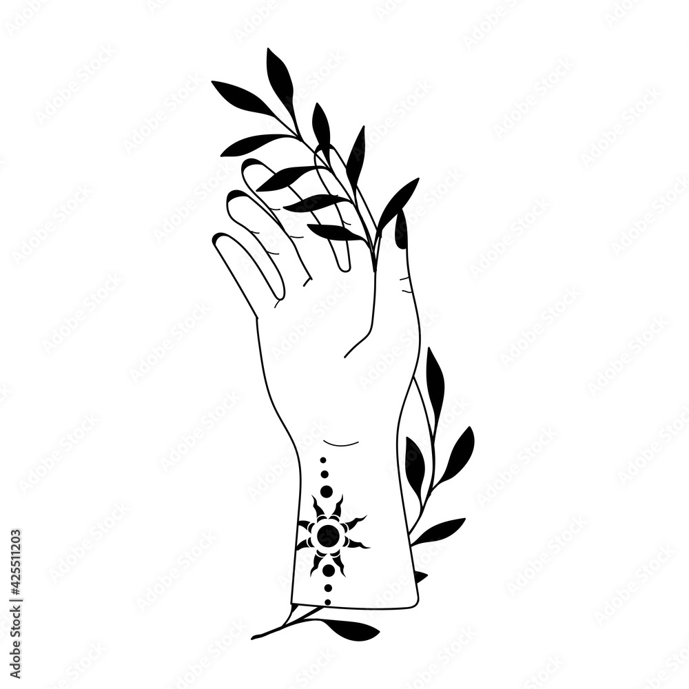 Hand drawn hand with Magic Symbols, Magic astrological symbols vector ...