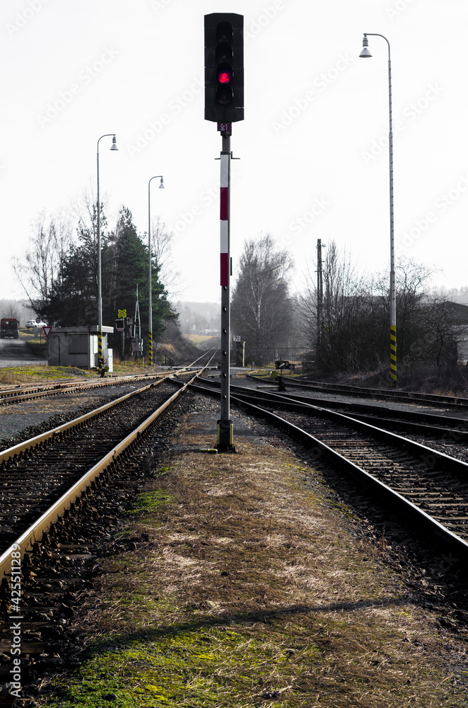 Rail junction. Crossing railroad tracks with switches and traffic ...