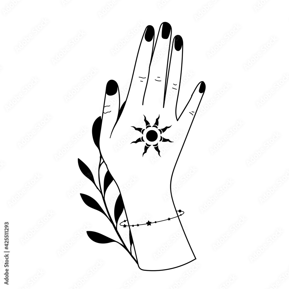 Hand drawn hand with Magic Symbols, Magic astrological symbols vector ...