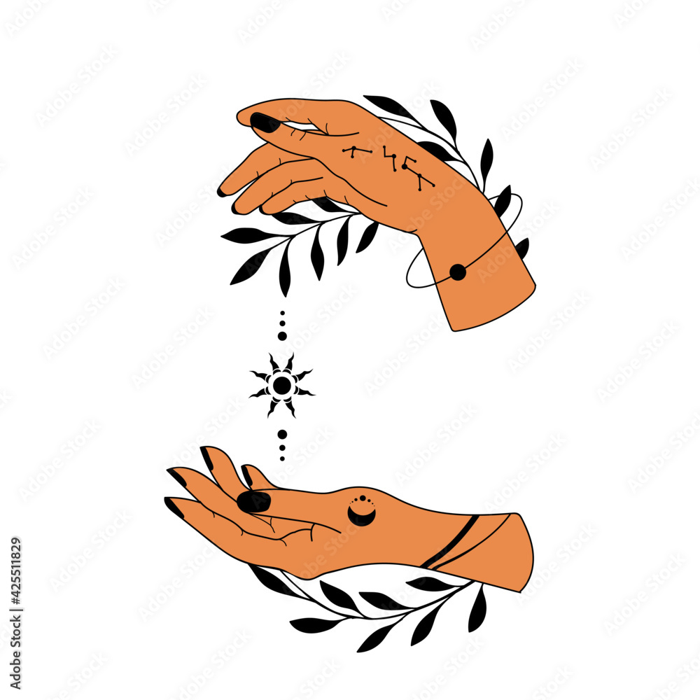 Collection hand drawn hands,Magic astrological symbols vector ...
