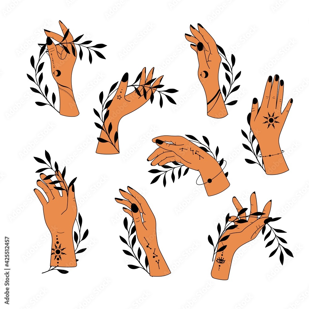 Collection hand drawn hands. Magic astrological symbols vector illustrations. Can use Tattoo ...
