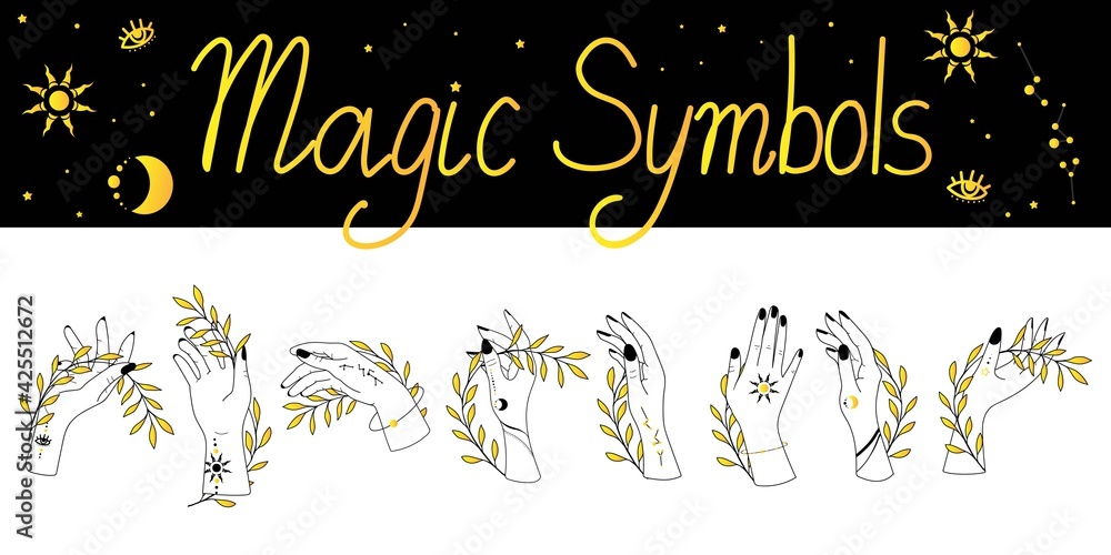 Set of alchemy esoteric mystical magic celestial talisman with woman ...